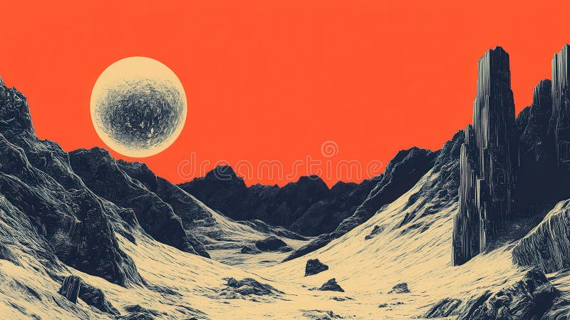 A Dramatic Celestial Landscape Featuring a Large Planet and Mountains Stock Illustration ...