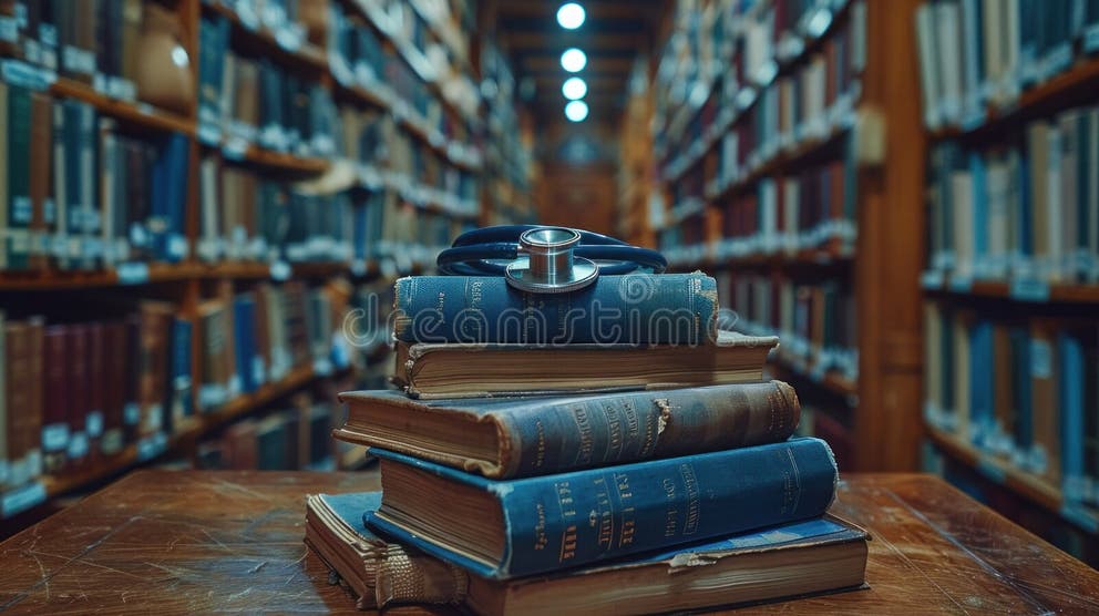 Medical School Education: Stethoscope on Open Textbook Stack in Library ...