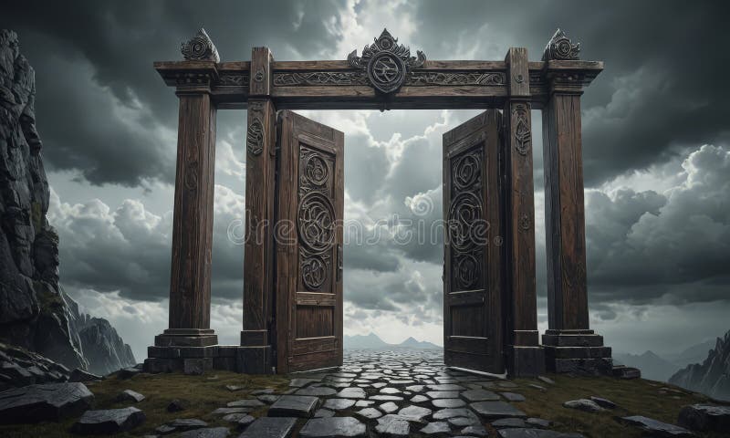 Wooden Gate with Intricate Carvings Stands Open Against Dramatic Cloudy ...