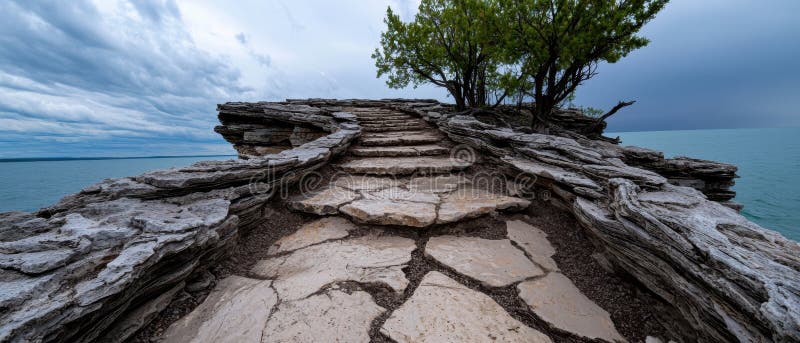 A Stone Path Leading To a Small Island with Trees and a Cloudy Sky ...