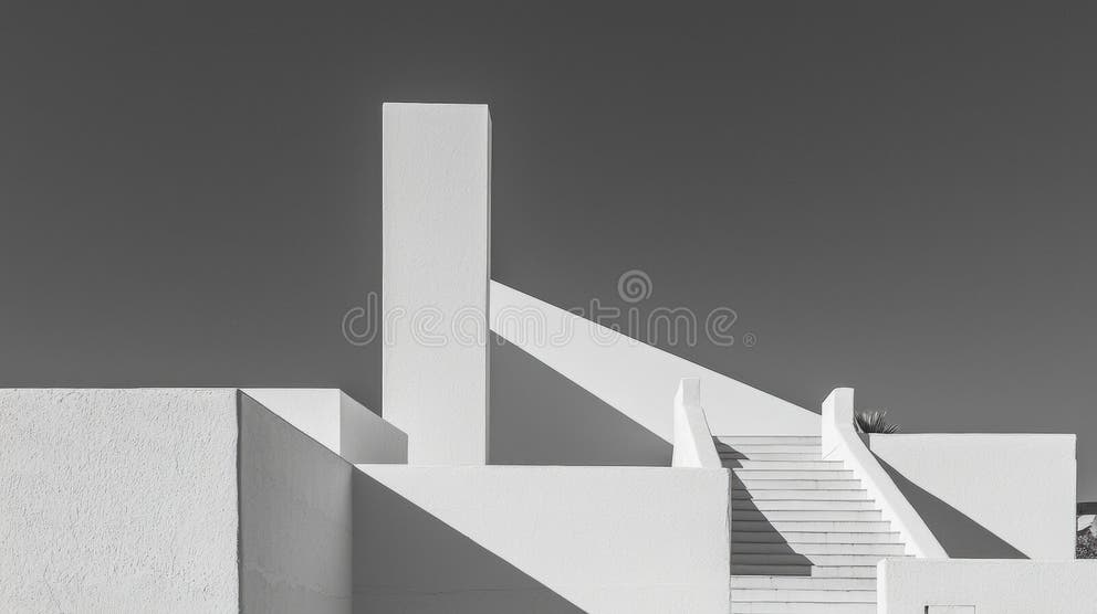 A Black and White Photograph of a White Building with a Tall ...