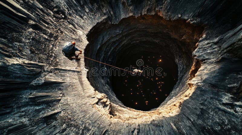 A Breathtaking View from Above a Deep Circular Hole. a Person is ...