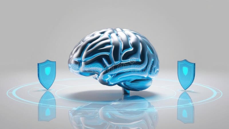 Stylized Brain Surrounded by Blue Shields, Symbolizing Protection and ...