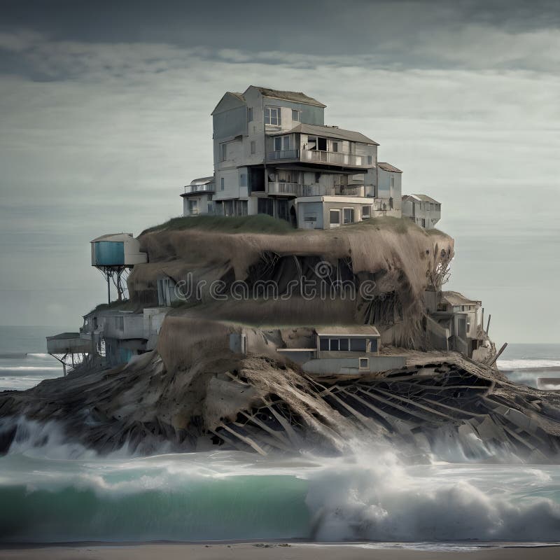 Eroding Cliff with Abandoned Houses Facing Ocean Waves Stock Image ...