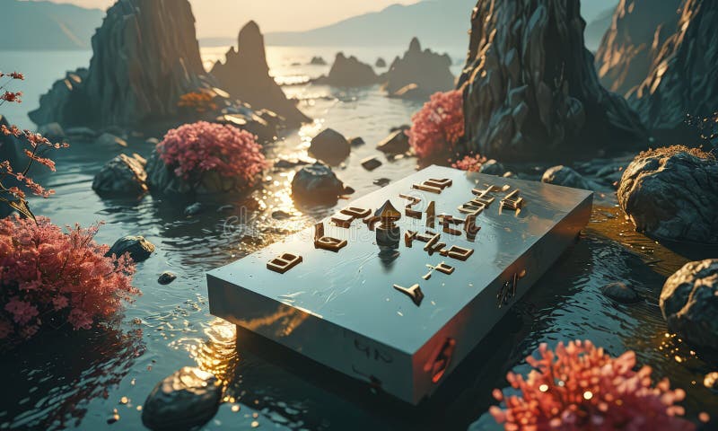 Digital Floating Island with Rectangular Platform, Surrounded by Rocks ...