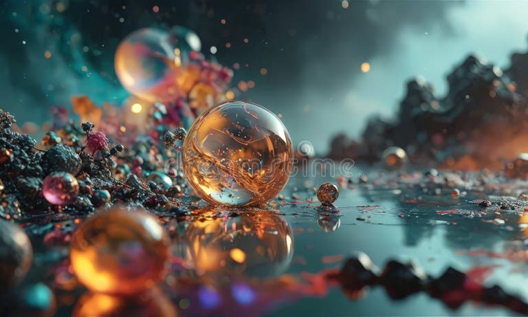 3D Surreal Landscape Features Reflective Pool, Floating Spheres, and ...