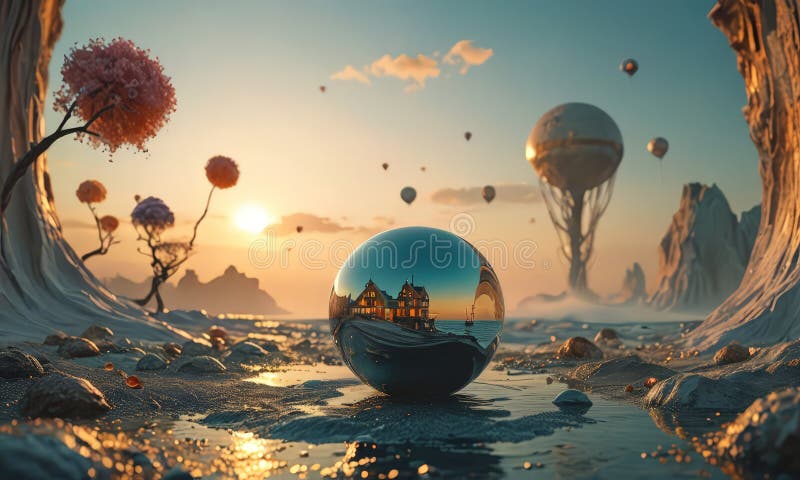 Surrealistic Scene at Sunset Features Large Blue Sphere with Golden ...