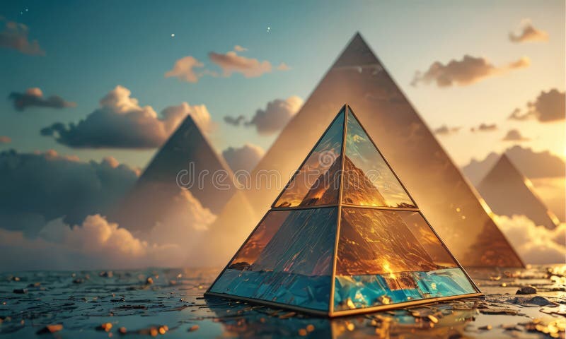 Triangular Glass Pyramid with Golden Interior Sits on Reflective ...