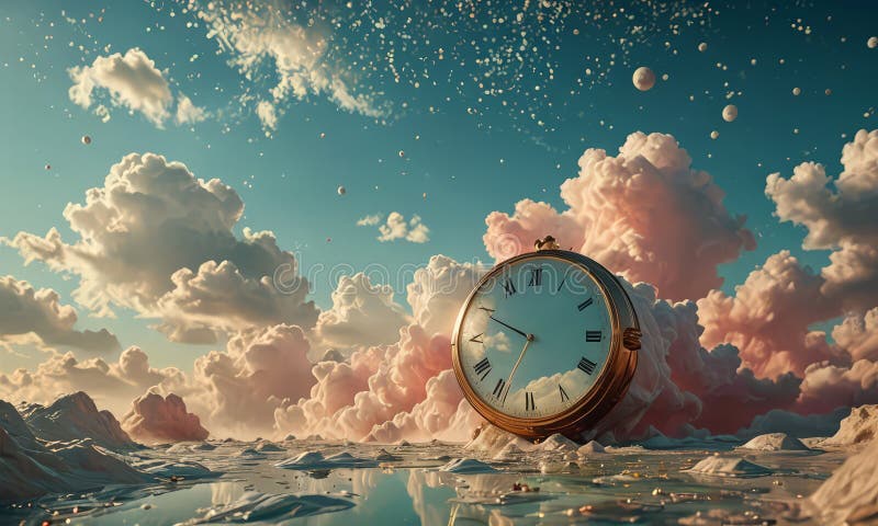 Surrealistic Clock Floating in Sky Filled with Clouds and Stars, with ...