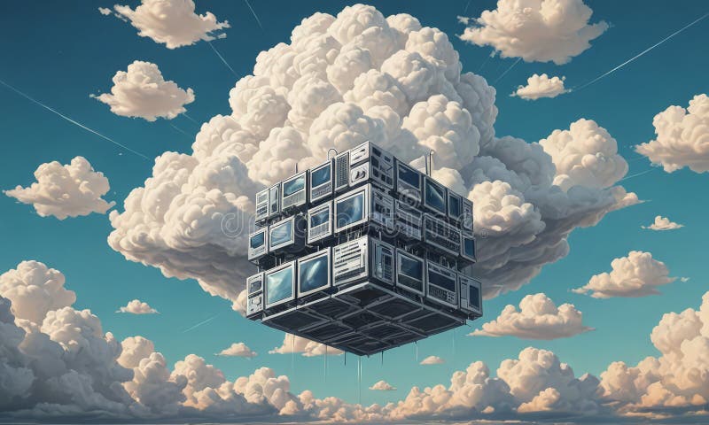 Cube-shaped Structure with Blue and White Panels Floats in Blue Sky ...