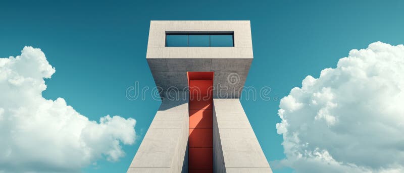 A Modern Concrete Building with a Red Stripe and a Glass Window. Stock ...