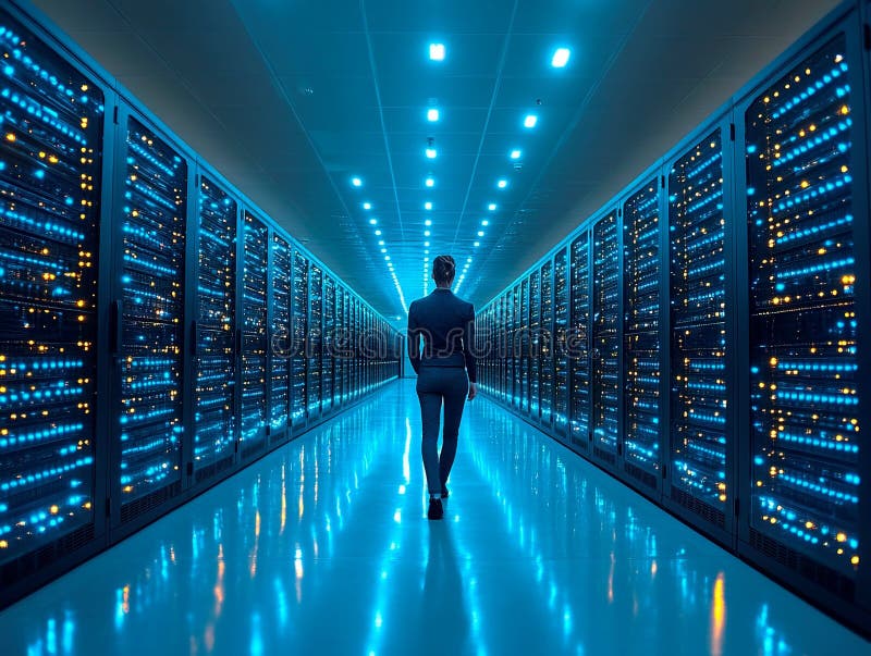 Image Depicts a Tech Environment with Server Racks Under Soft Blue ...