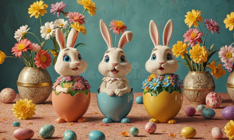 Three Easter Bunny Figurines, Each with Unique Color and Flower ...