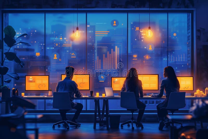 Three People Working Late at Night in Front of Computers in an Office ...