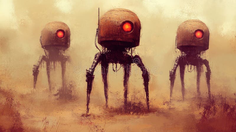 Three Robotic Creatures with Red Eyes Wander a Desolate Landscape Stock ...