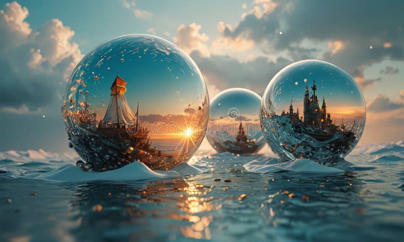 Three Transparent Spheres, Each Containing Different Scene, Float on ...