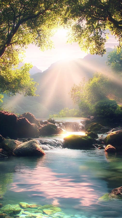 Serene Sunlit Forest Stream with Lush Greenery and Flowing Water at ...