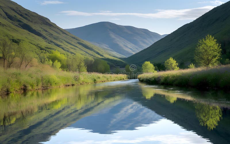 Serene River Valley with Lush Greenery Stock Illustration ...
