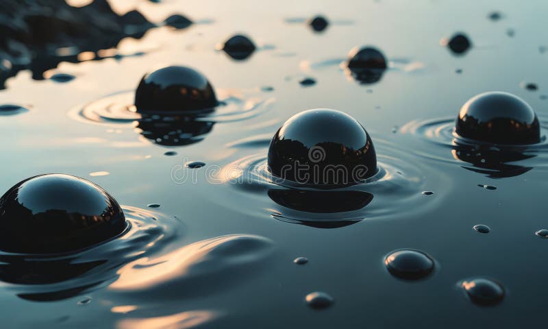 Close-up View Dark Liquid Surface with Numerous Spherical Objects, Some ...