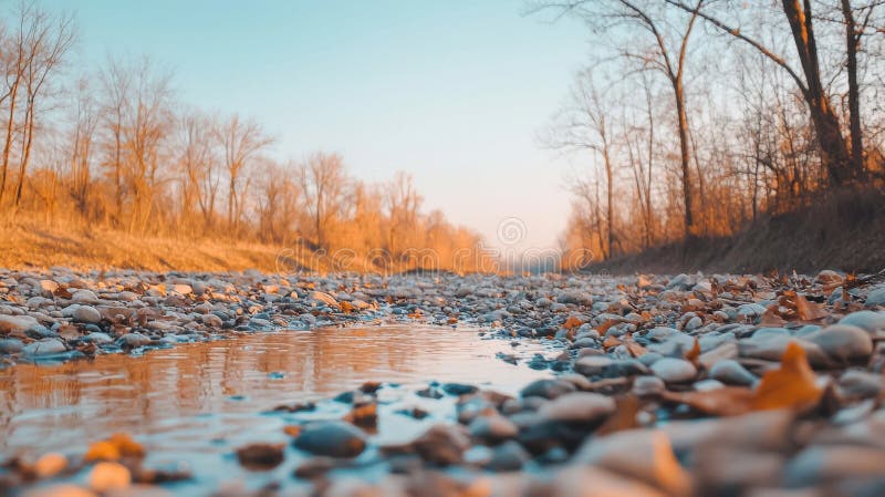 A Tranquil River Scene at Sunset, with a Rocky Shore and Bare Trees ...