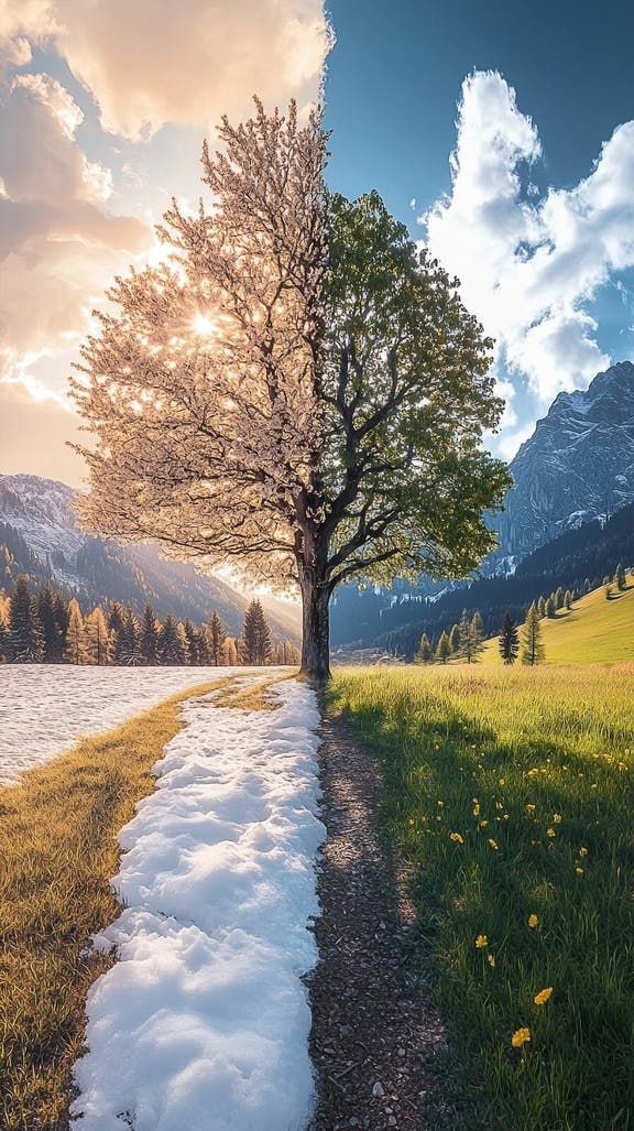 A Striking Visual of a Tree Divided, One Side in Winter with Snow, the ...