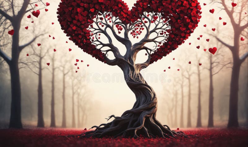 A Heart-shaped Tree Stands Tall in a Forest, with Red Heart-shaped ...