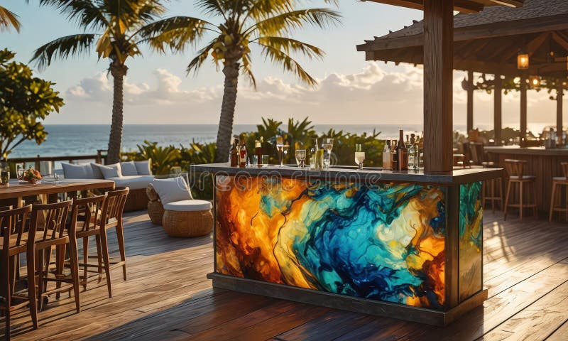 Tropical Bar with Colorful Glass Countertop, Wooden Deck, and Palm ...