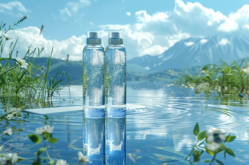 Two Clear Bottles Resting on a Lake Surface in Front of a Mountain ...