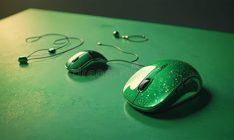 Two Green and White Computer Mice with Cords and Earbuds on Green Stock ...