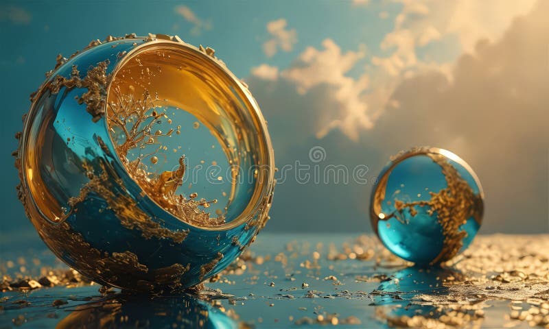 Two Golden Spheres with Intricate Patterns Float in Tranquil Body Water ...