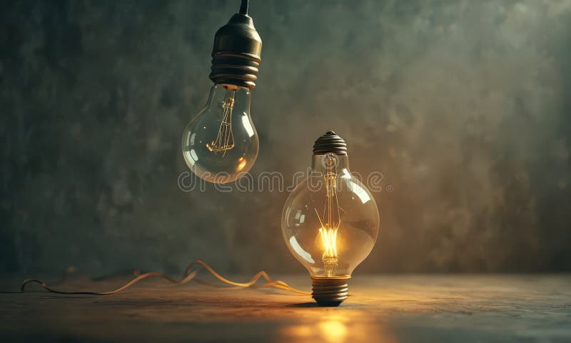 Two Vintage Light Bulbs, One Round and One Elongated, Hang from Wire ...