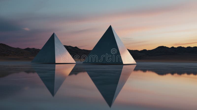 Two Metallic Pyramids Reflected in a Calm Body of Water, with a Sunset ...