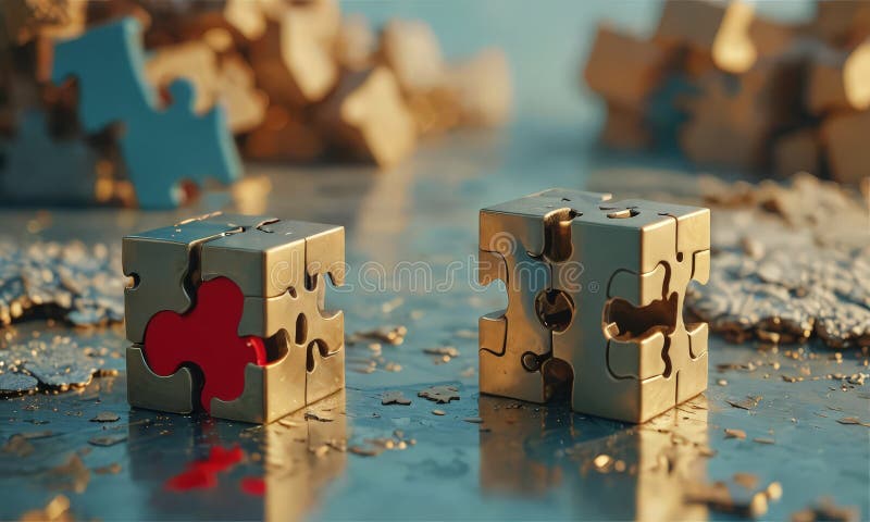 Two Puzzle Pieces, One Red and One Silver, are Arranged on Reflective ...