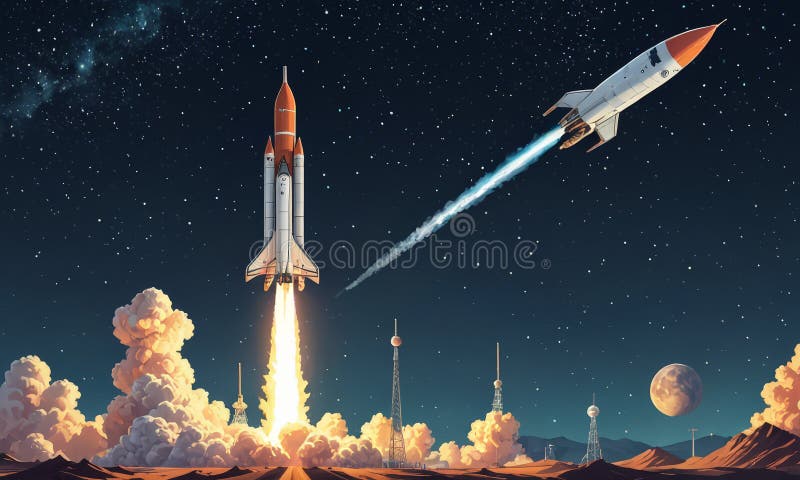 Two Rockets Launch into the Night Sky, Leaving Trails Smoke and Fire ...