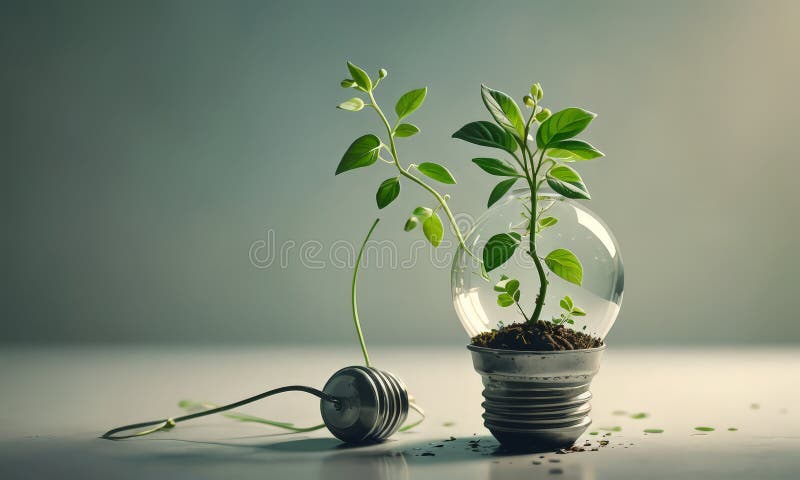 Two Small Plants Sprout from Light Bulb, One with Green Stem and Leaves ...
