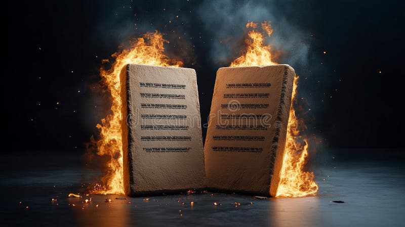 Image Depicts Two Stone Tablets Engulfed in Flames Symbolizing Dramatic ...