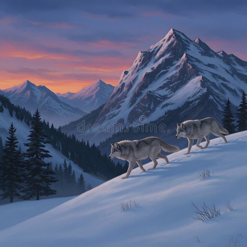Wolves in Snowy Mountains at Sunset - Generated Using Ai Stock Image ...