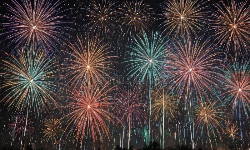 Vibrant Fireworks Display in the Night Sky, with Bursts Red, Orange ...