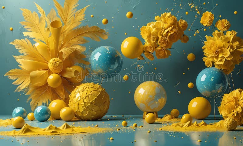 3D Vibrant, Abstract Scene Features Yellow and Blue Spheres, Flowers ...