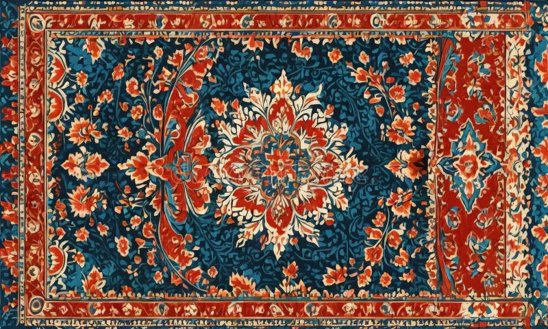 Vibrant Rug with Symmetrical Design, Featuring Central Motif Surrounded ...