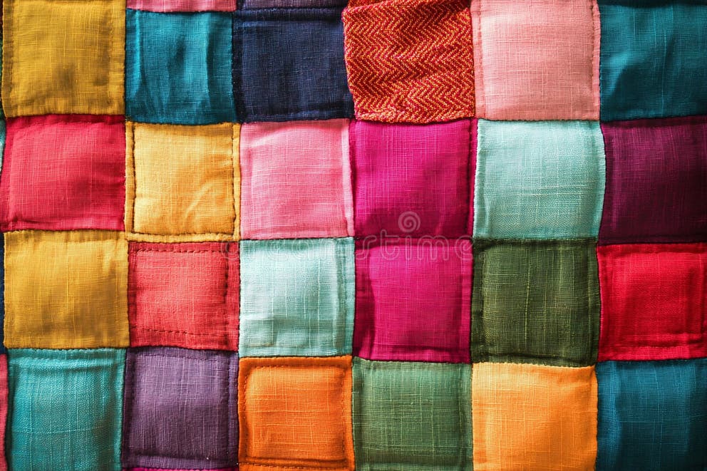 Vibrant Patchwork Fabric Texture of Multicolored Square Patterns in Bold Tones for Craft ...
