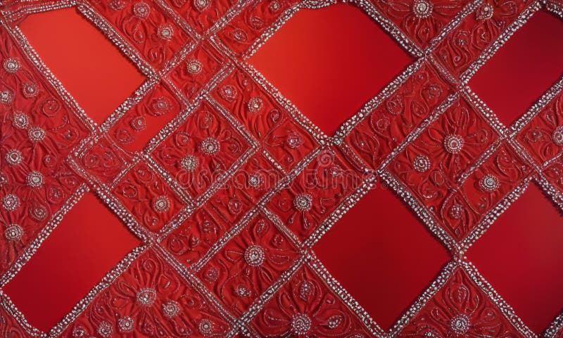 Close-up View Red Fabric with Diamond Pattern, Featuring White Floral ...
