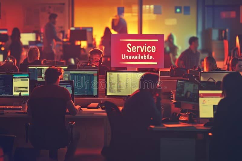 A Busy Tech Workspace Lit by Colorful Screens. People are Focused on ...