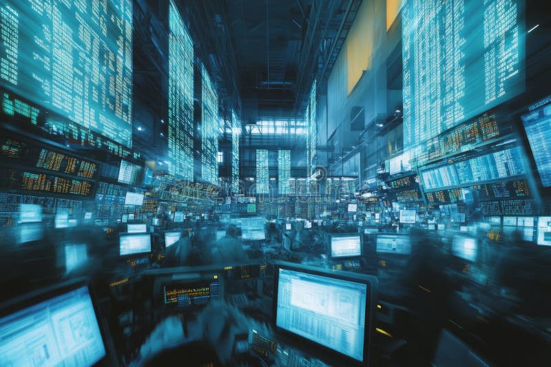A Bustling Digital Trading Floor. Multiple Screens Display Data and ...
