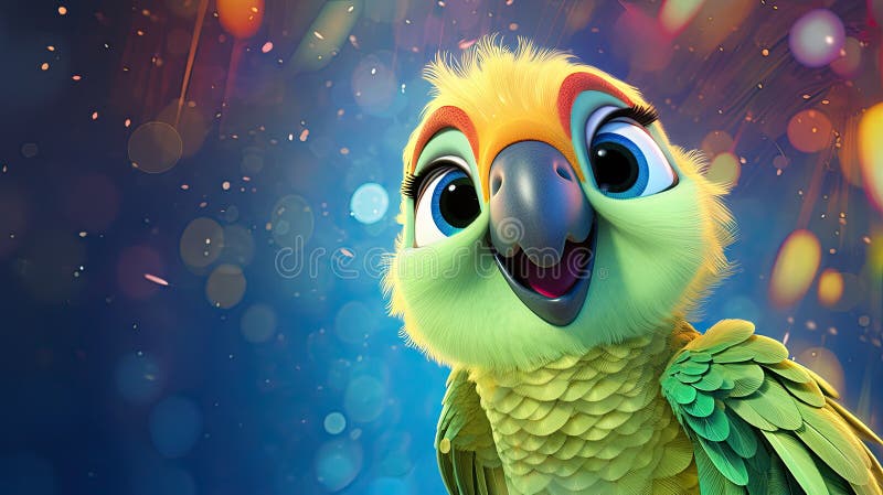 Cheerful Cartoon Parrot in a Magical Lights Fantasy Stock Illustration ...
