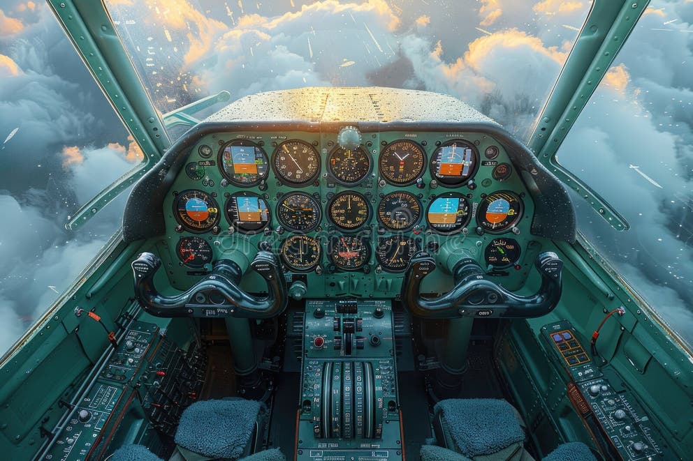 Vintage Airplane Cockpit View from Above the Clouds Stock Illustration ...