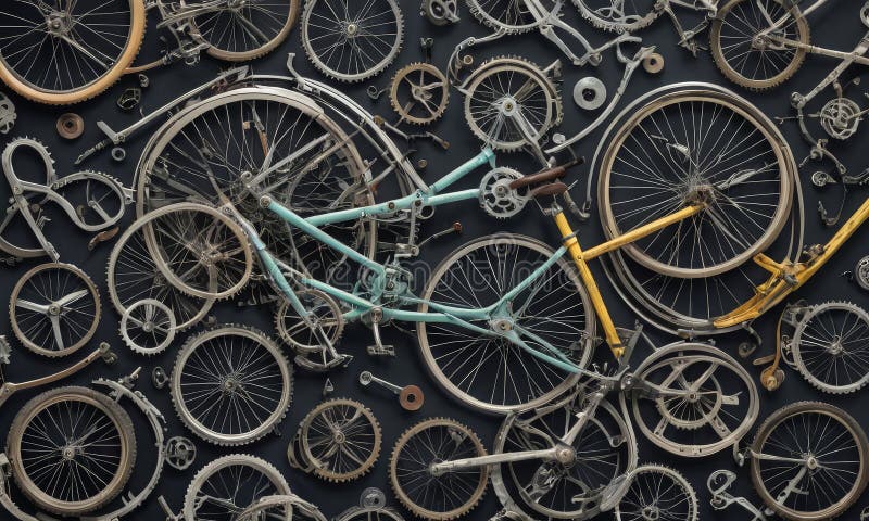 Collage Bicycle Wheels and Parts Arranged in Chaotic Pattern Against ...