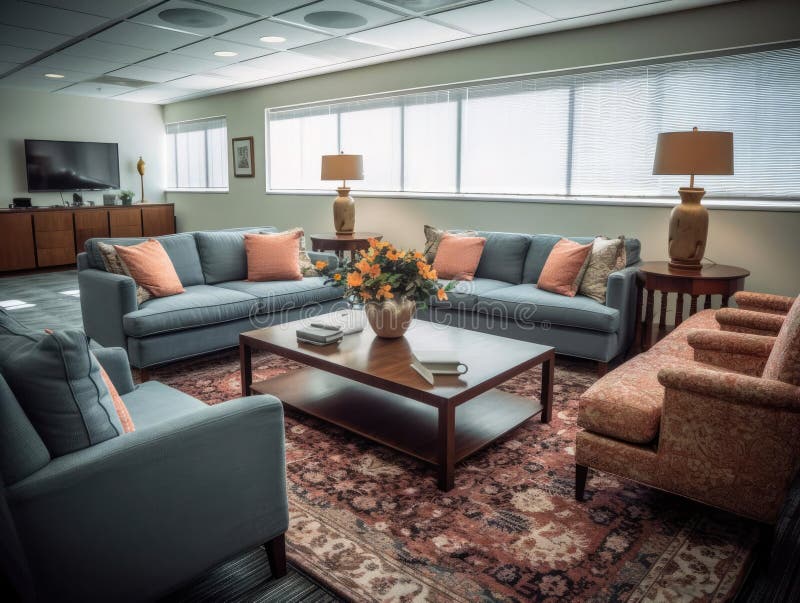 Cozy Office Lounge with Sofas and Coffee Tables Stock Illustration ...