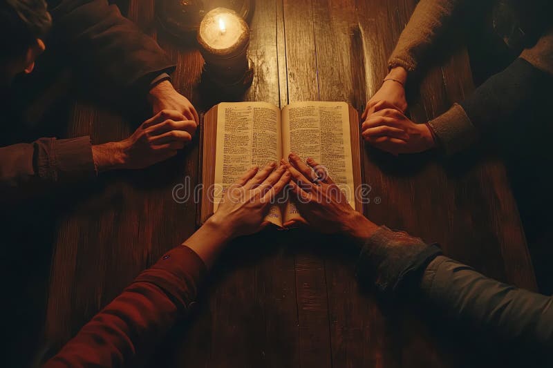 Hands Together Over an Open Book in a Warm Candlelit Setting Stock ...