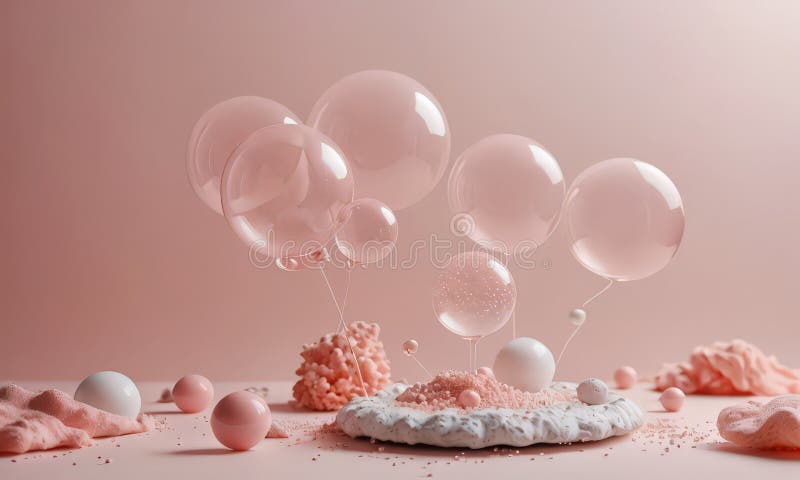 Pink Bubble-filled Scene with Floating Bubbles, White Cake, and Pink ...